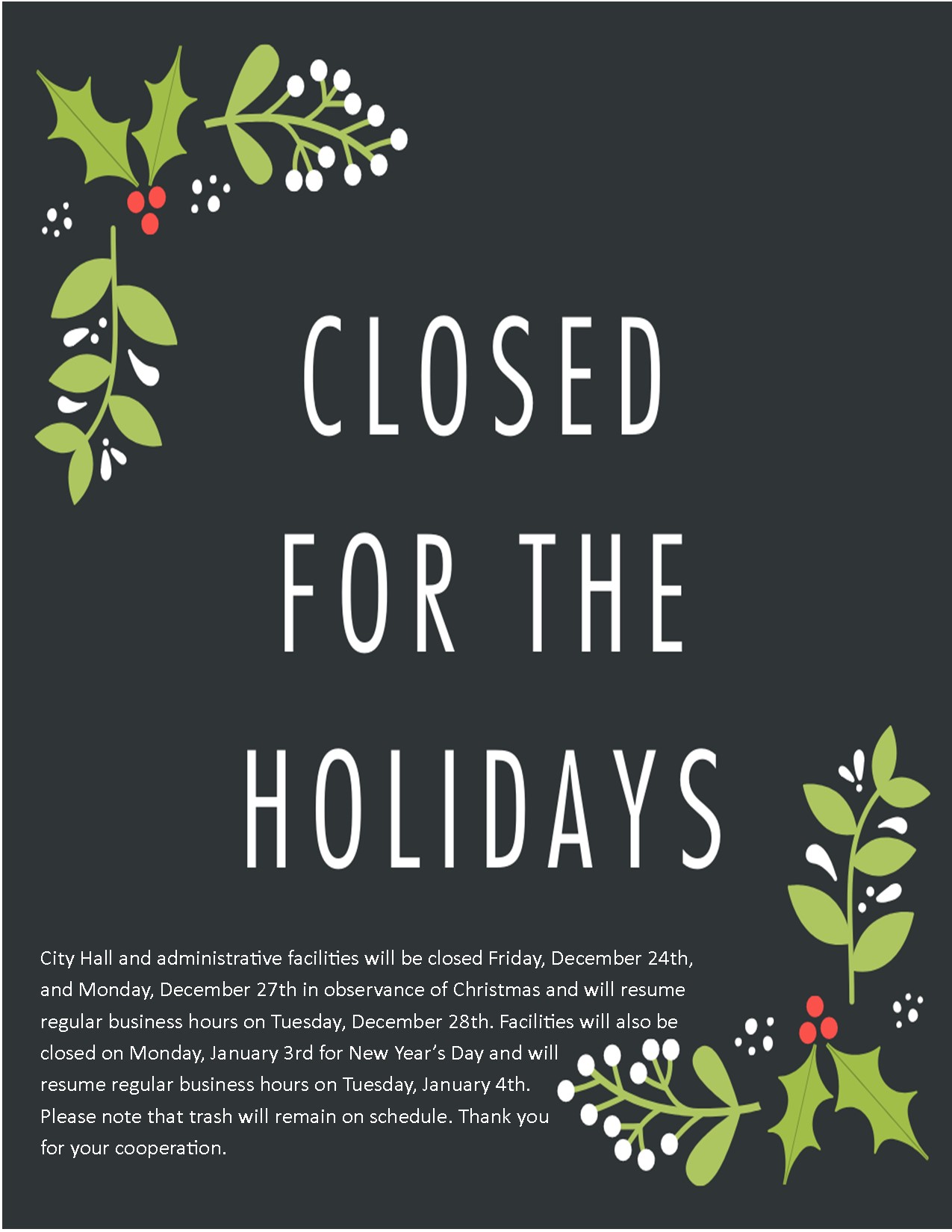 2021 Christmas And New Year s Day Holiday Closures Bessemer City NC